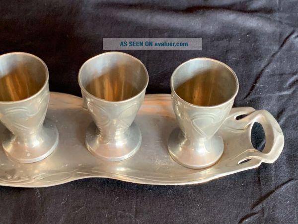 Art Nouveau Jugendstil Pewter Schnapps Cups With Tray, Early 20th C ...