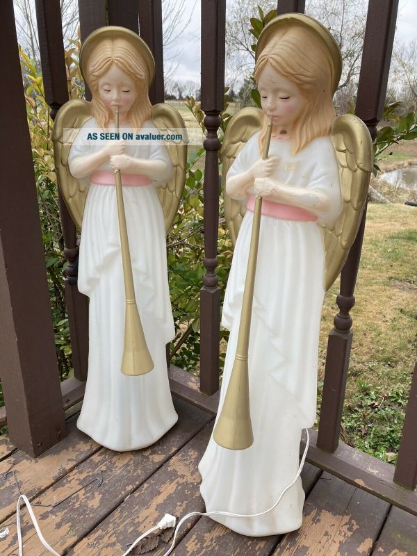 VINTAGE 2x CHRISTMAS ANGEL W/ TRUMPET BLOW MOLD ILLUMINATED 34 " TALL ...