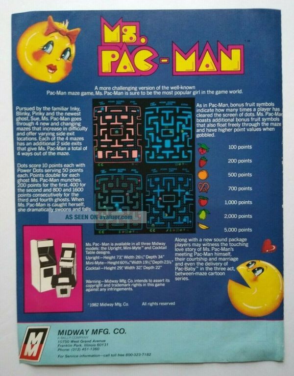 Midway Ms Pac - Man FLYER 1982 Video Game Artwork Sheet Great Retro ...