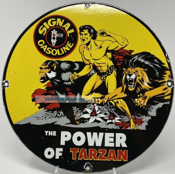 VINTAGE SIGNAL TARZAN GASOLINE PORCELAIN SIGN GAS STATION PUMP PLATE ...
