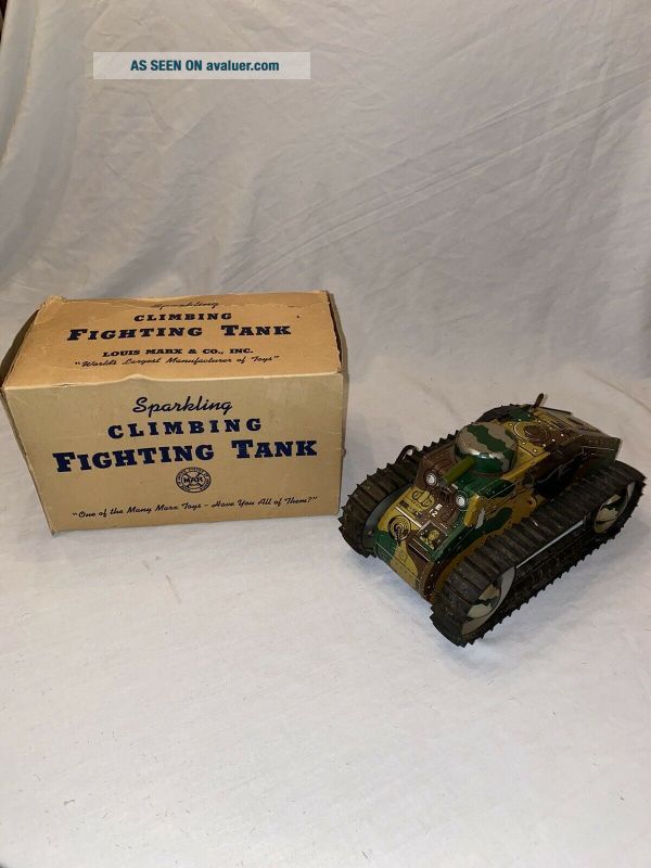 1950 ' S MARX TIN WIND UP SPARKLING CLIMBING FIGHTING ARMY TANK W/BOX ...