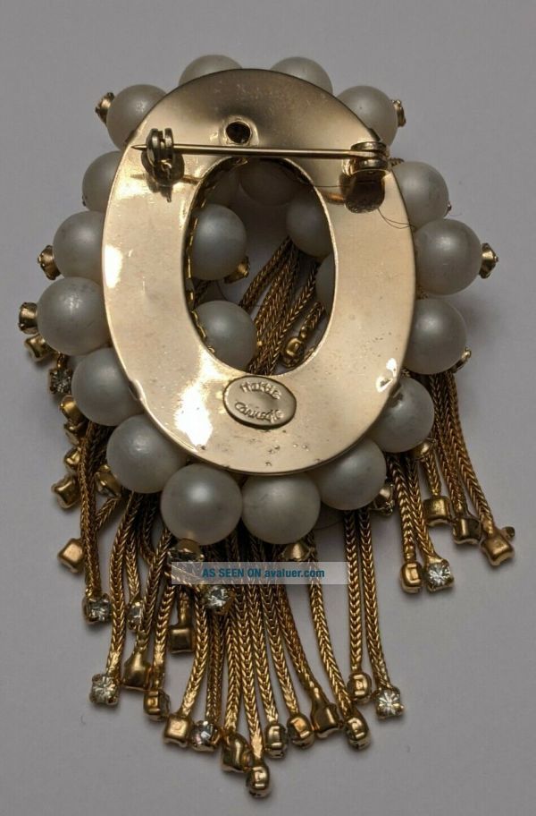 Vintage Hattie Carnegie Goldtone Faux Pearl Rhinestone Dangle Pin ...