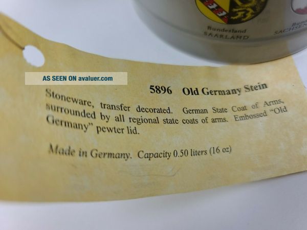 Gerz Beer Stein Pewter Lid Old Germany & 16 German States Coat Of Arms ...