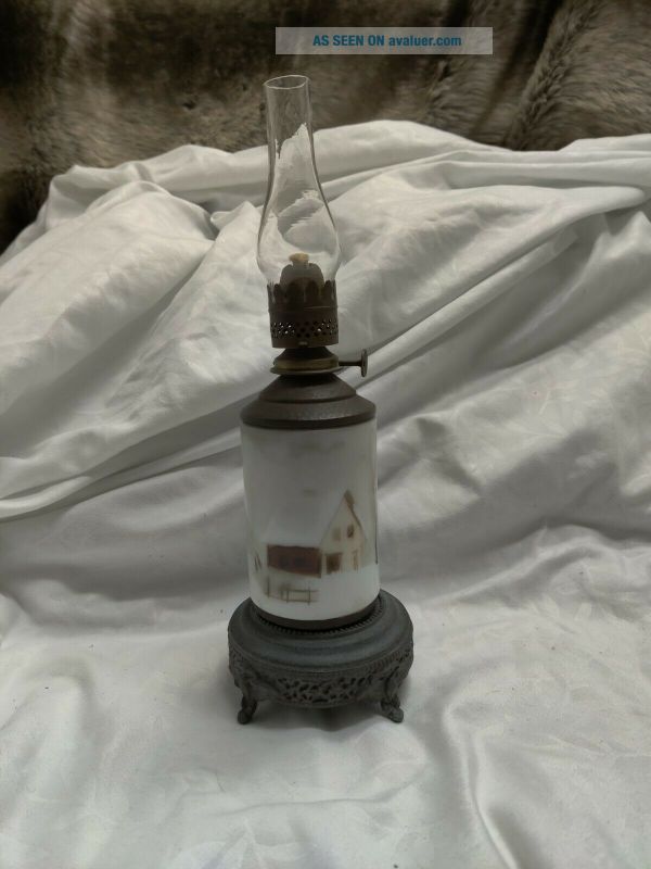 VINTAGE OLD MINI GLASS AND BRASS OIL LAMP WITH CABIN SCENE ON GLASS ...
