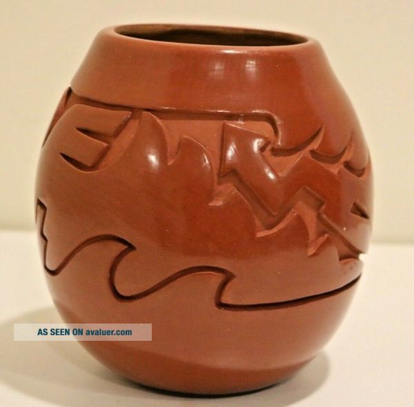 Santa Clara Pueblo Pottery Vase By Ethel Willow Vigil Carved Redware ...