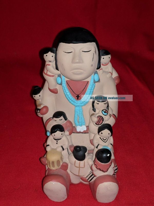 NATIVE AMERICAN INDIAN STORYTELLER CLAY POTTERY FIGURINE STATUE SIGNED ...
