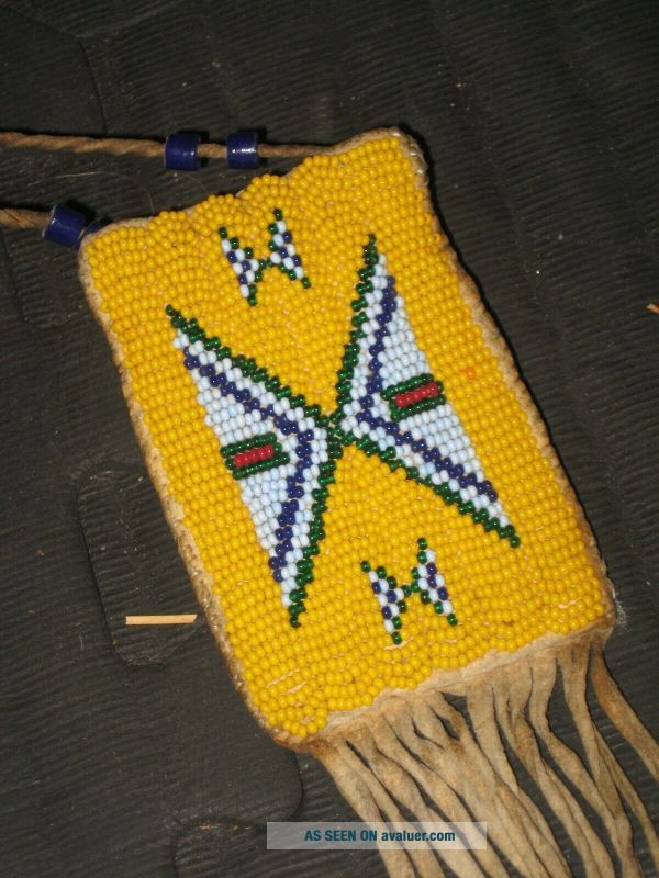 C1940 PLAINS LEATHER HIDE BEADED BAG NECKLACE NATIVE AMERICAN INDIAN ...