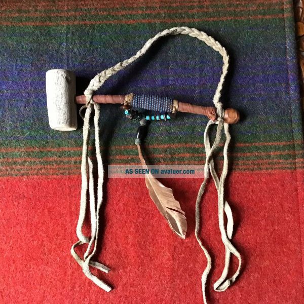 Vintage Native American Indian Peace Pipe Staghorn Wood Leather Beads ...