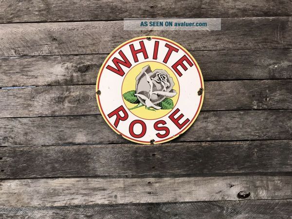 VINTAGE PORCELAIN WHITE ROSE GASOLINE GAS AND OIL SIGN | #49955506