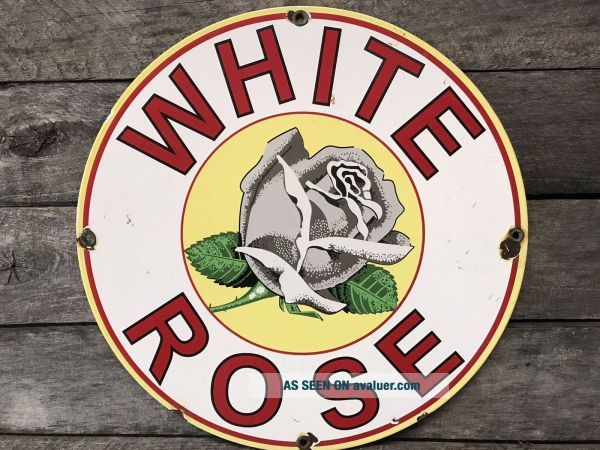VINTAGE PORCELAIN WHITE ROSE GASOLINE GAS AND OIL SIGN | #49955506
