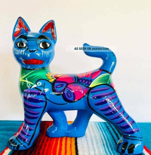 MEXICAN TALAVERA Cat POTTERY FLOWER CERAMIC Kitty BANK HAND PAINTED ...