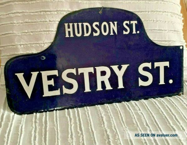 PRE 1930s VINTAGE PORCELAIN/STEEL HUMPBACK STREET SIGN YORK CITY COBALT ...