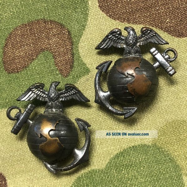 WWII USMC Officer EGA EAGLE GLOBE ANCHOR Insignia Collar Pins HH ...