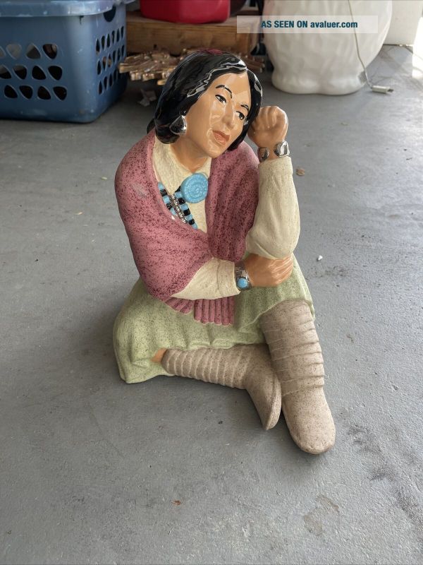 Native American Indian Woman Ceramic Sitting Statue Vintage | #50164978
