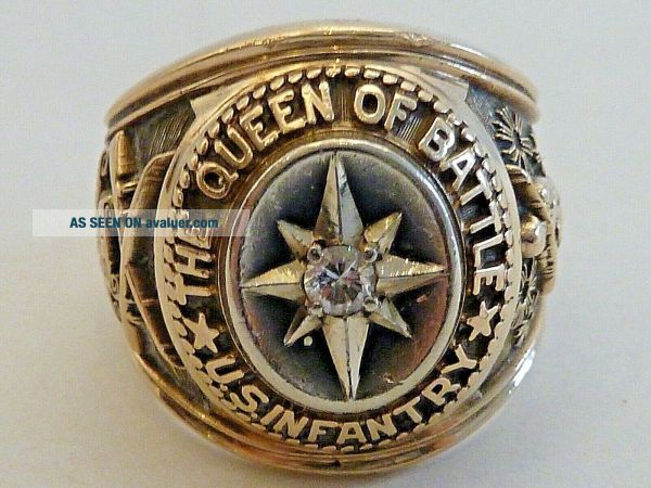 10K GOLD RING W/ " THE QUEEN OF BATTLE U. S. INFANTRY " & STAR W/ TINY ...