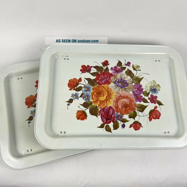 Set Of 2 Vintage Metal TV Lap Tray W/ Folding Legs Floral Flowers Bed ...