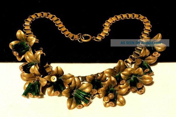 Rare Vintage Miriam Haskell Brass Bookchain Dangle Flowers Green Glass ...