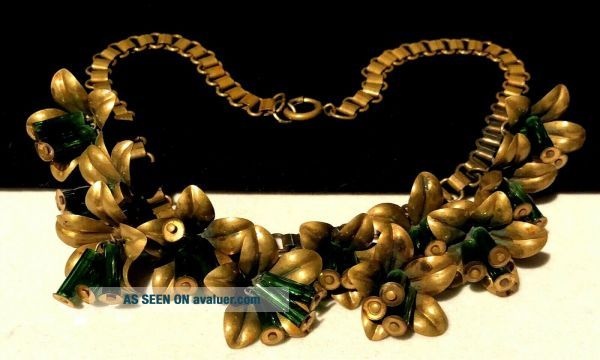 Rare Vintage Miriam Haskell Brass Bookchain Dangle Flowers Green Glass ...