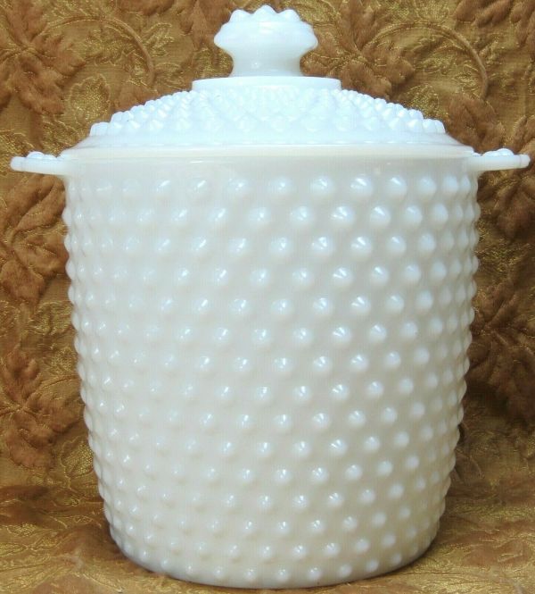 Vintage White Milk Glass Hobnail 9: " H Cracker Biscuit Cookie Jar W ...