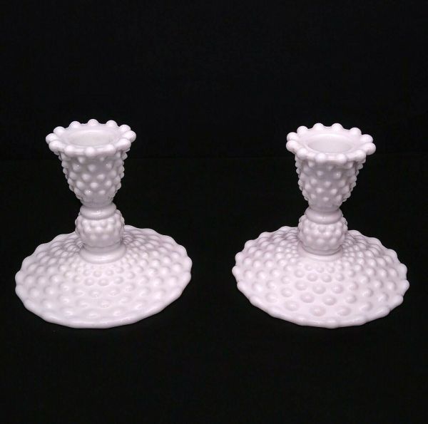 DUNCAN & MILLER White Milk Glass Hobnail Candlesticks W/Original Labels ...