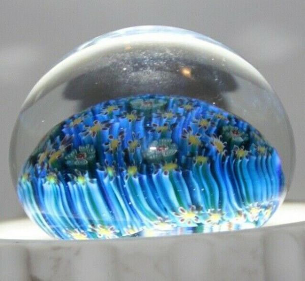 Murano Hand Blown Glass Paperweight Blue Flowers | #62231538