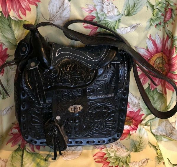 Vintage Black Tooled Leather Western Saddle Shoulder Bag | #62293560