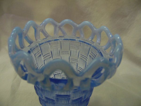 Vintage FENTON Glass Opalescent Blue Basket Weave Open Lace Edge Footed ...