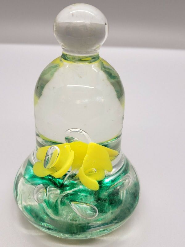Vintage Joe St. Clair Bell Shaped Paperweight Yellow Floral In Clear ...