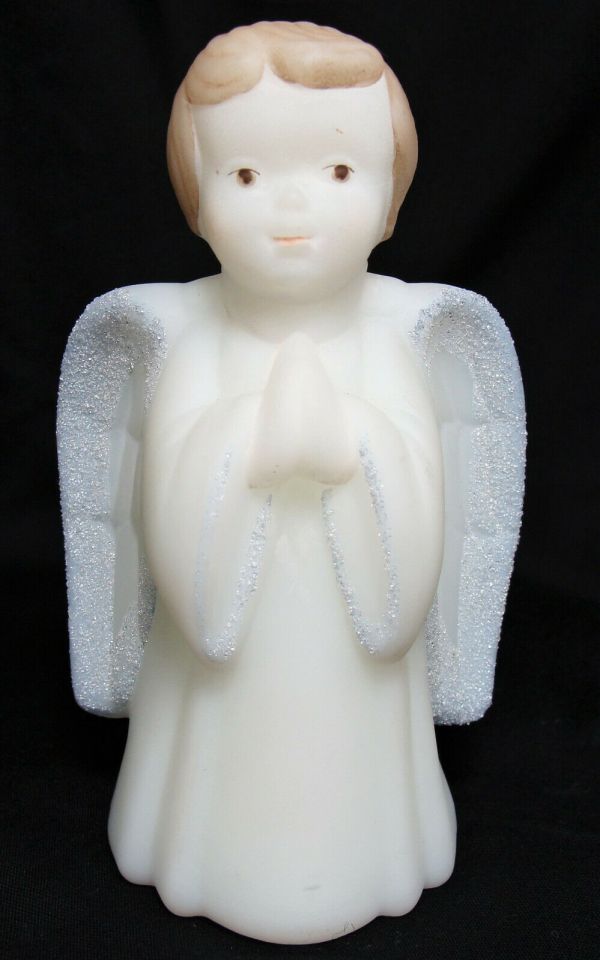 Vintage FENTON Glass ANGEL Figurine White Satin Hand Painted Signed C ...