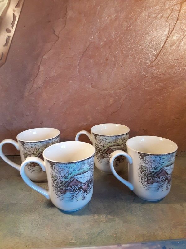 4 Johnson Bros England The Friendly Village Covered Bridge 9oz Coffee ...
