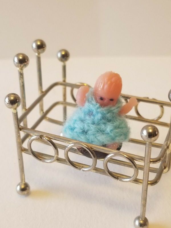 VTG Dollhouse Miniature Metal Brass Gold Baby Crib, Baby Boy Doll ...