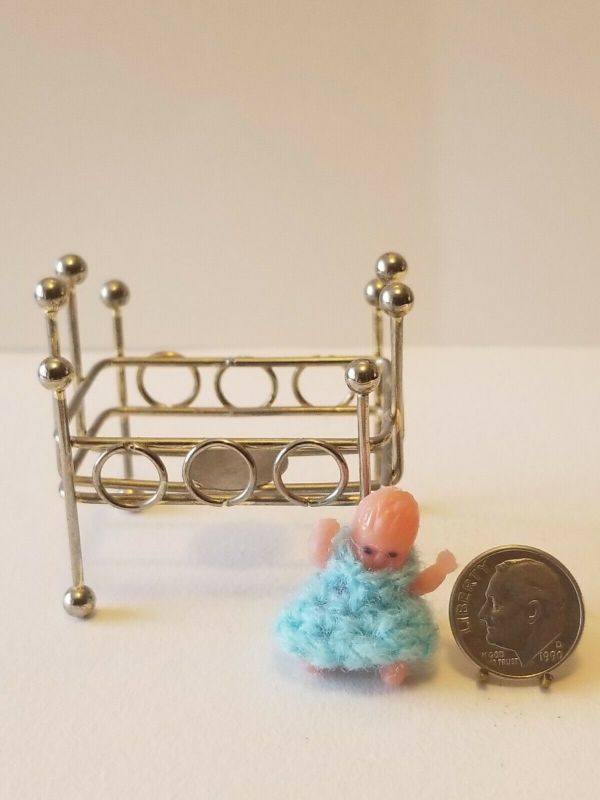 VTG Dollhouse Miniature Metal Brass Gold Baby Crib, Baby Boy Doll ...