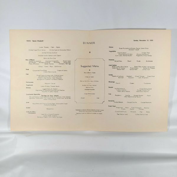 1959 Cunard Line RMS Queen Elizabeth Dinner Menu Vintage Cruise Ship ...
