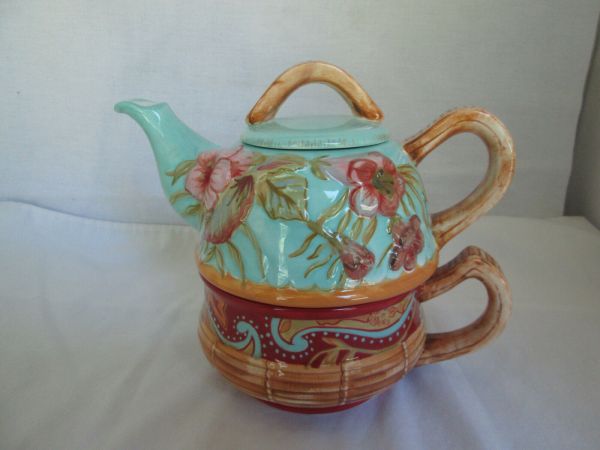Tracy Porter Tea For One Hand Painted Stacking Teapot Cup Aqua Pink ...