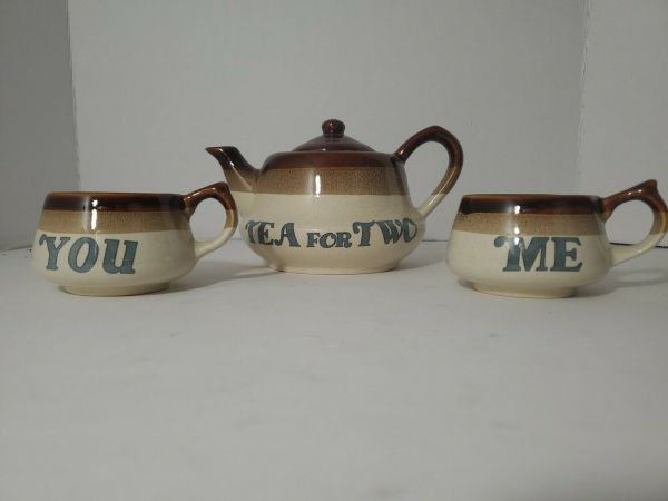 Vtg Tea For Two Teapot Set With You & Me Teacups Brown Tea Party Tea ...