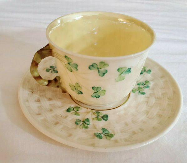 BELLEEK Vintage IRISH TEA CUP And SAUCER Shamrock Porcelain Embossed ...