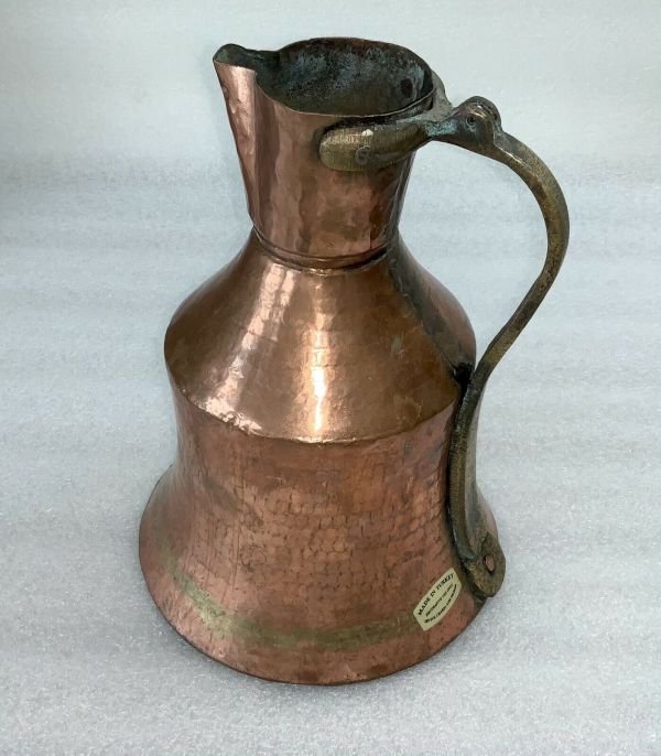 VINTAGE HAND MADE COPPER WATER PITCHER BRASS HANDLE 11” TALL. | #63465998