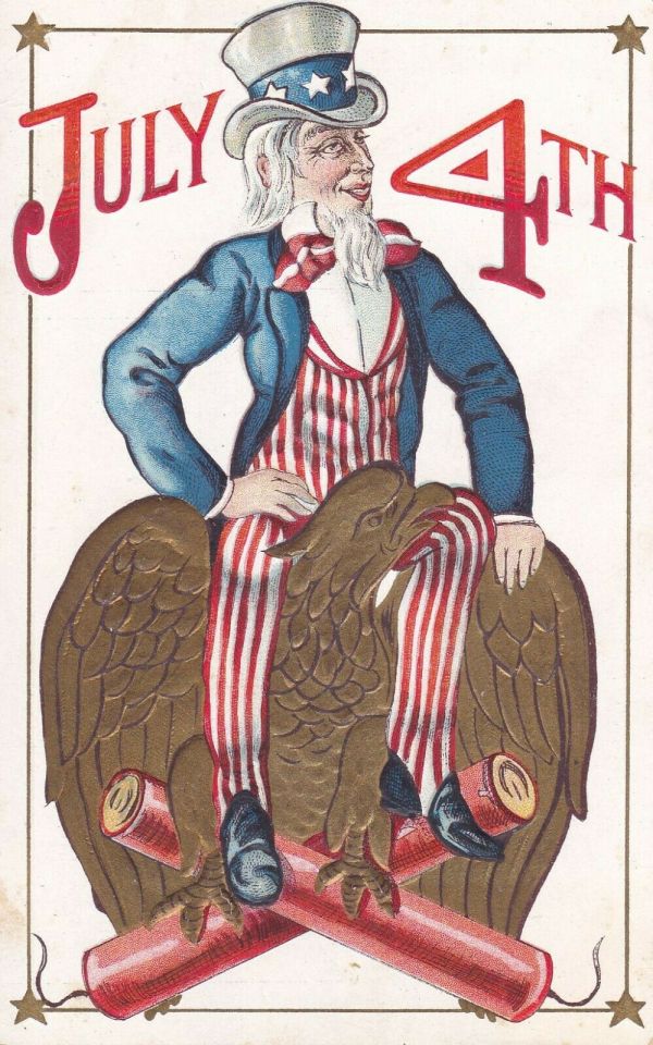 VINTAGE FOURTH OF JULY POSTCARD UNCLE SAM SITS ON WINGS OF EAGLE FIRE ...