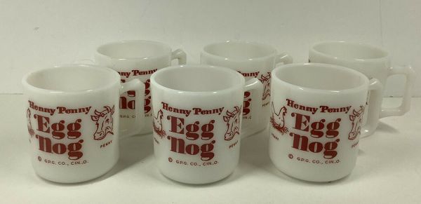 Vintage Set Of 6 Hazel Atlas Milk Glass HENNY PENNY EGG NOG CHILDS MUG ...