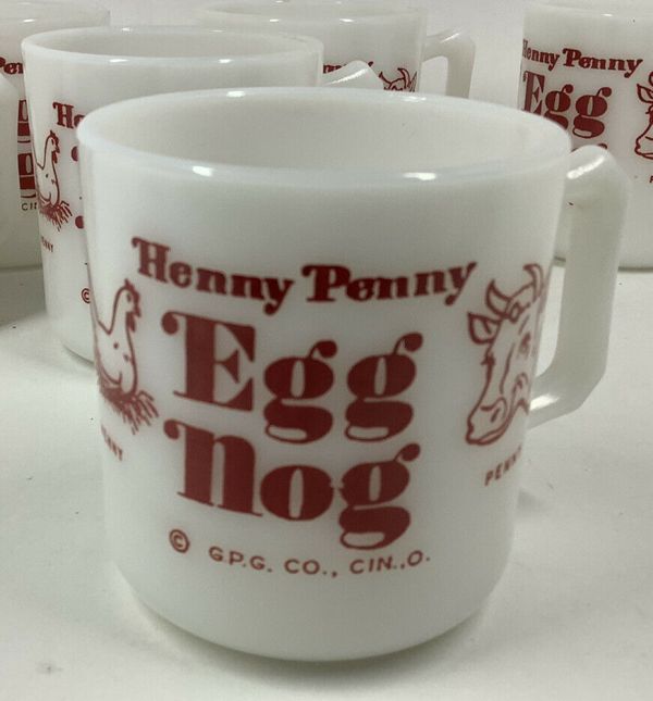Vintage Set Of 6 Hazel Atlas Milk Glass HENNY PENNY EGG NOG CHILDS MUG ...