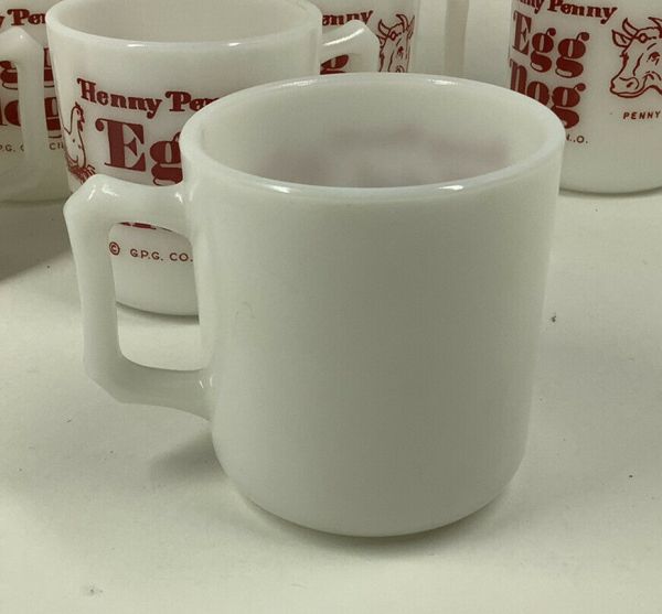 Vintage Set Of 6 Hazel Atlas Milk Glass HENNY PENNY EGG NOG CHILDS MUG ...