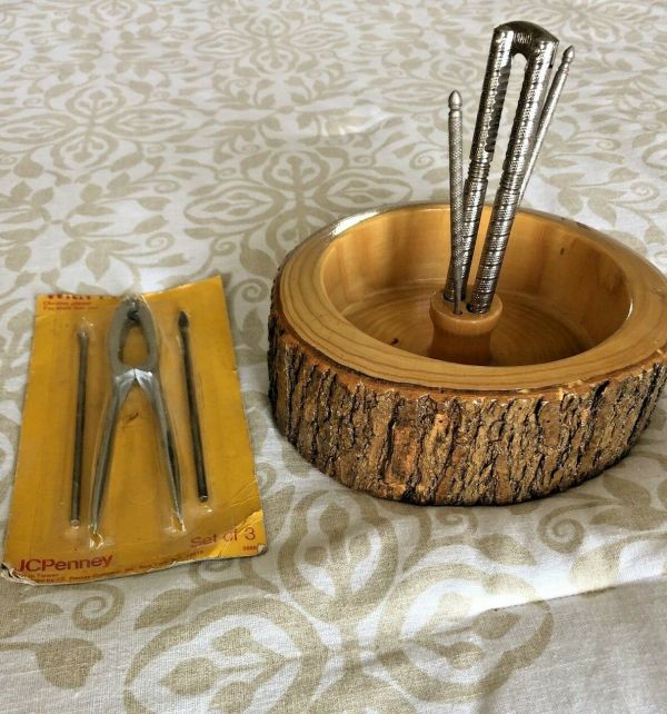 Vintage Wood Tree Bark Nut Cracker Bowl And Cracker With 2 Picks & Vtg ...
