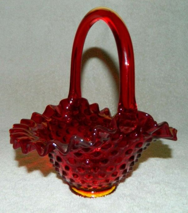 Vintage Fenton Ruby Red Hobnail Glass Basket | #63801512