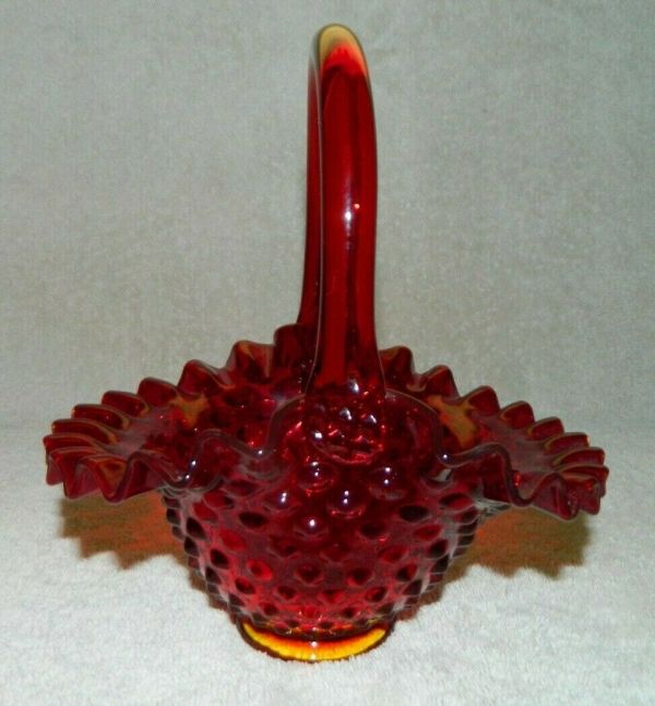 Vintage Fenton Ruby Red Hobnail Glass Basket | #63801512