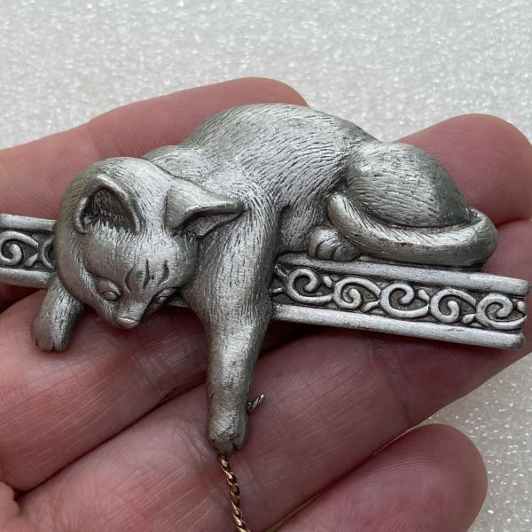 Signed JJ Vintage CAT MOUSE BROOCH Pin Dangle Tail Pewter Costume ...