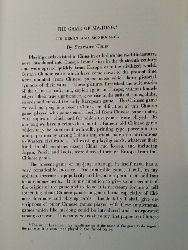 1924 The Game Of Mah=Jong Its Origin And Significance By Stewart Culin ...